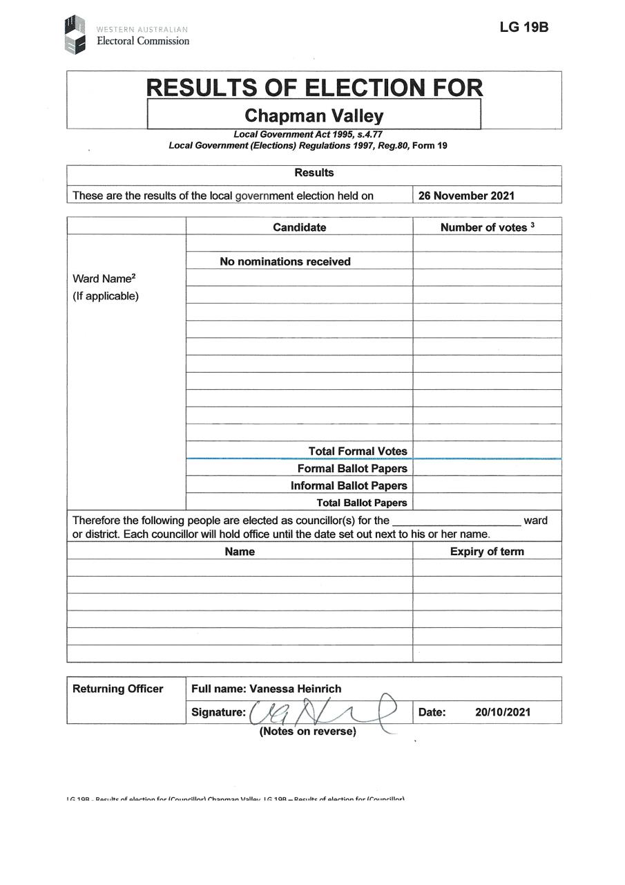 News Story - Results of Extraordinary Election » Shire of Chapman Valley